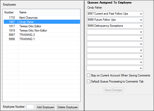 Queue Assignments screen